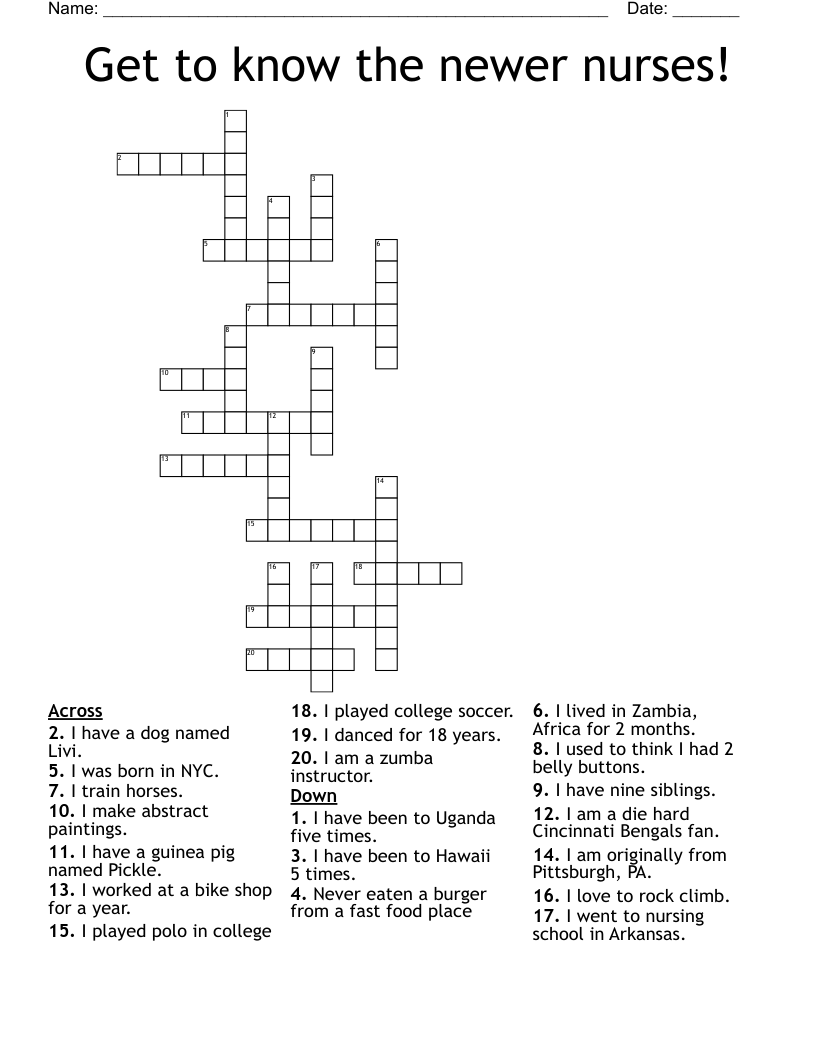 Get to know the newer nurses! Crossword - WordMint