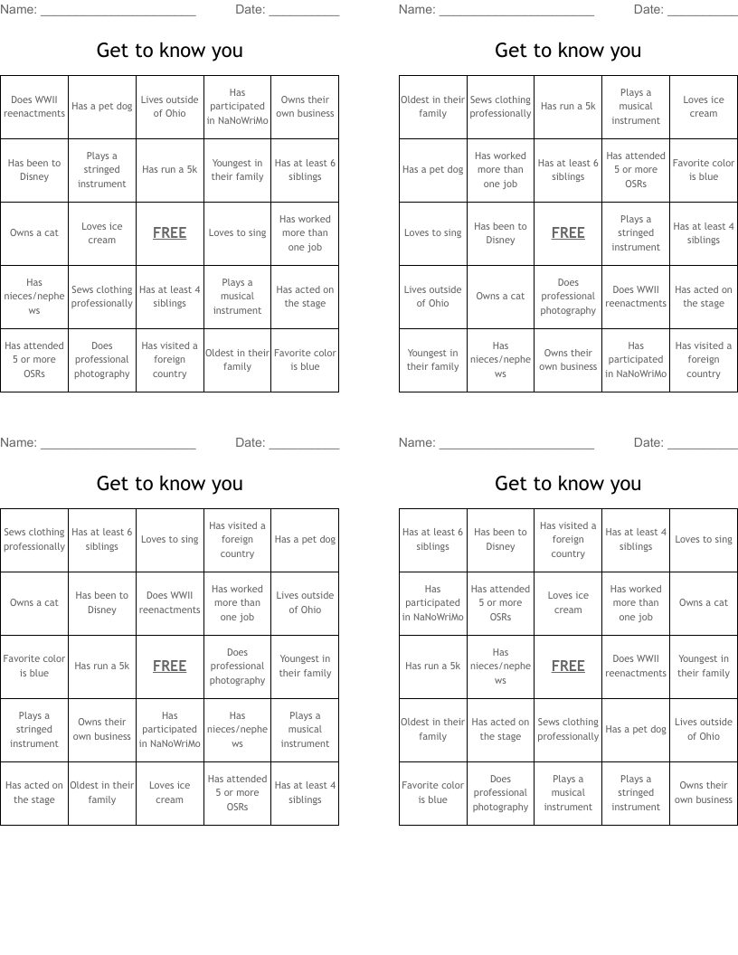 Get to know you Bingo Cards - WordMint