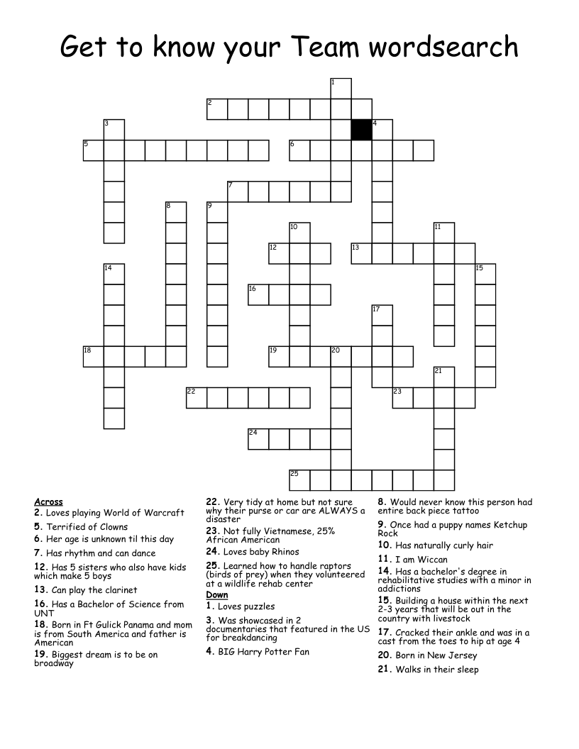 Get to know your Team wordsearch Crossword - WordMint