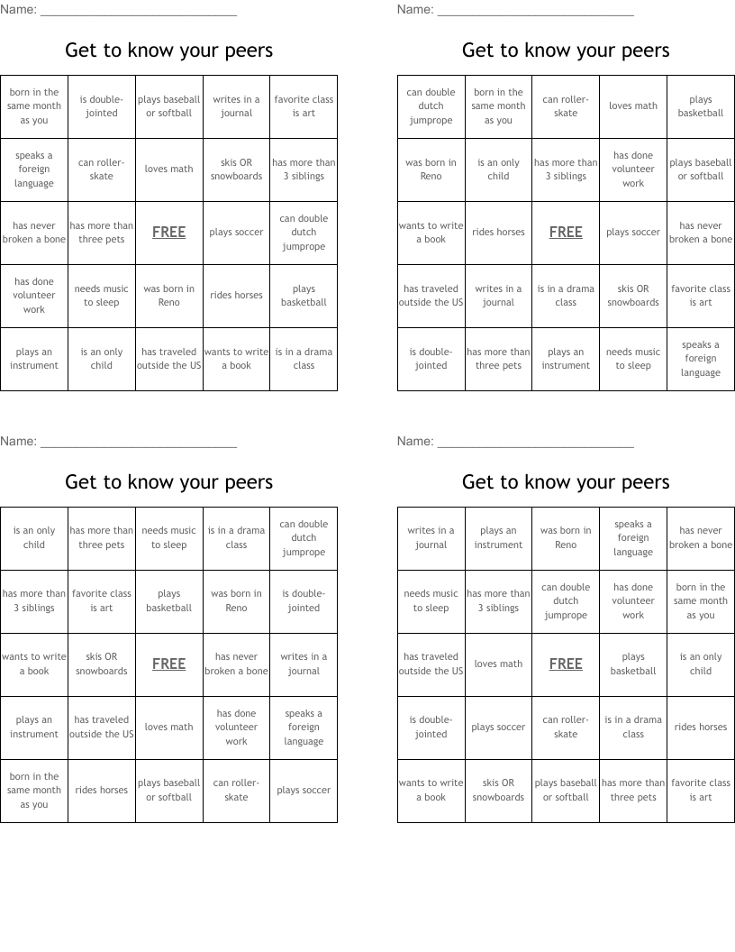 Get to know your peers Bingo Cards - WordMint