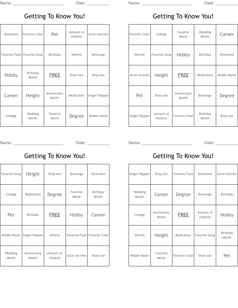 Getting To Know You! Bingo Cards - WordMint