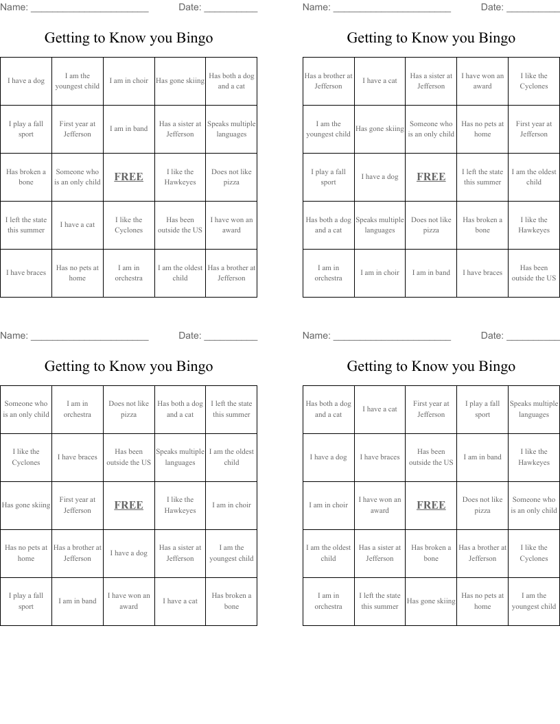 Getting to Know you Bingo - WordMint