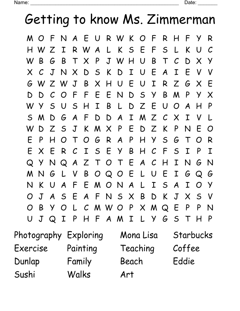 Getting to know Ms. Zimmerman Word Search - WordMint