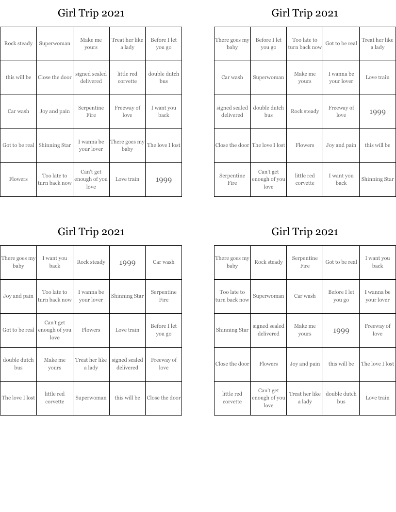 Girl Trip 2021 Bingo Cards - WordMint