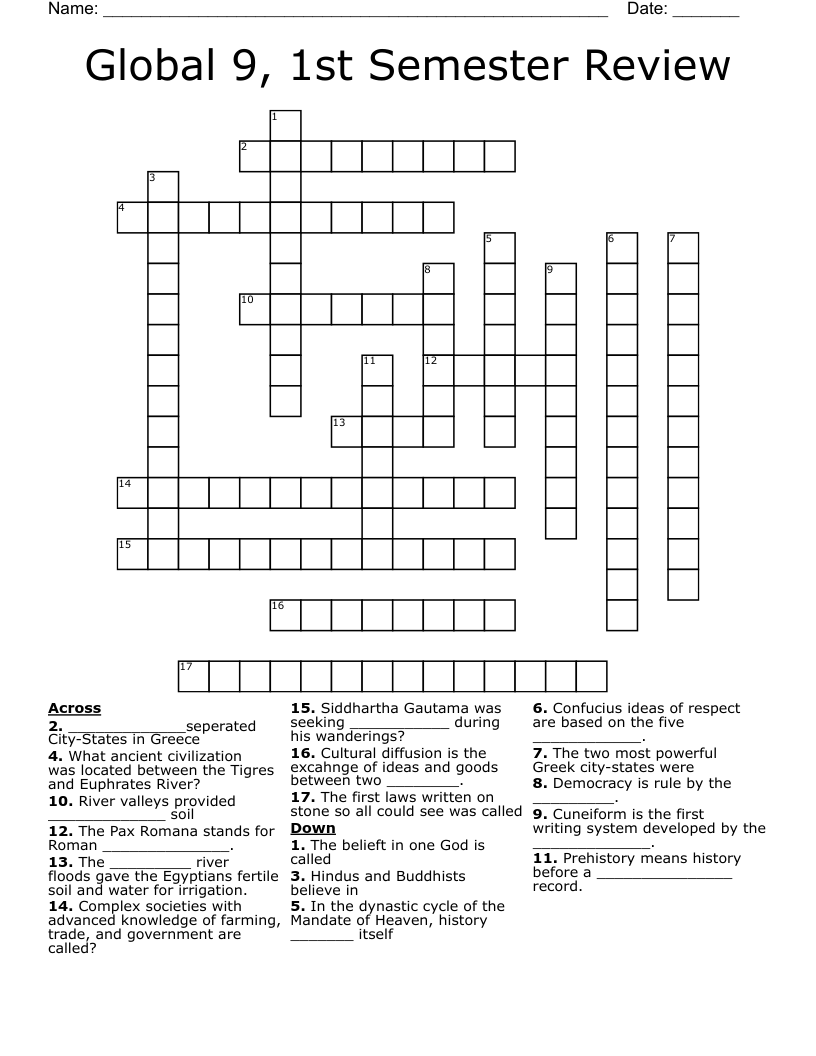Global 9, 1st Semester Review Crossword - WordMint
