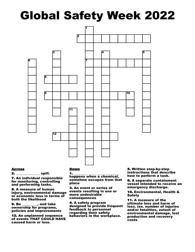Global Safety Week 2022 Crossword - WordMint