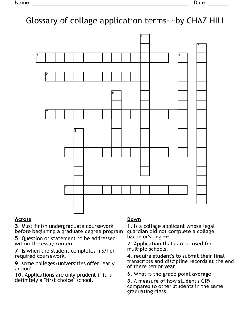 Glossary of collage application terms~~by CHAZ HILL Crossword - WordMint