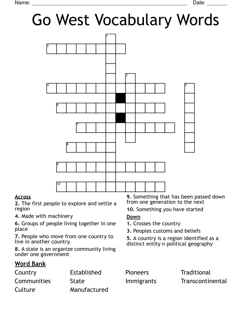 Go West Vocabulary Words Crossword - WordMint