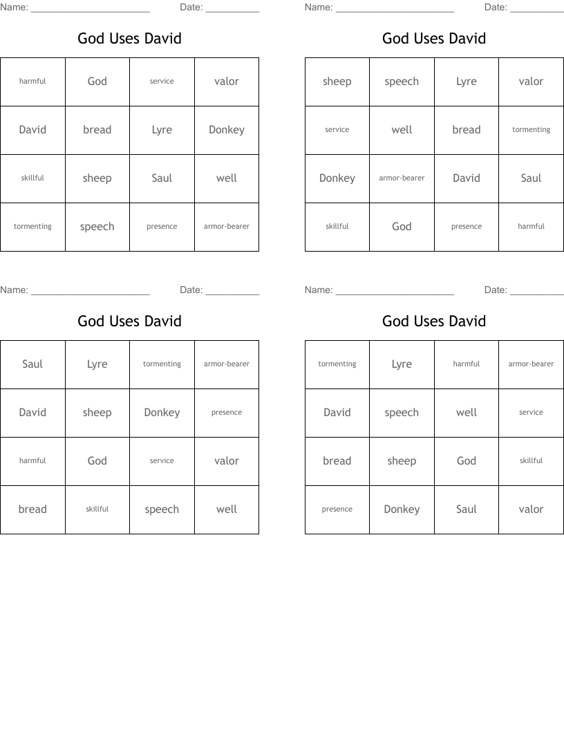 God Uses David Bingo Cards - WordMint