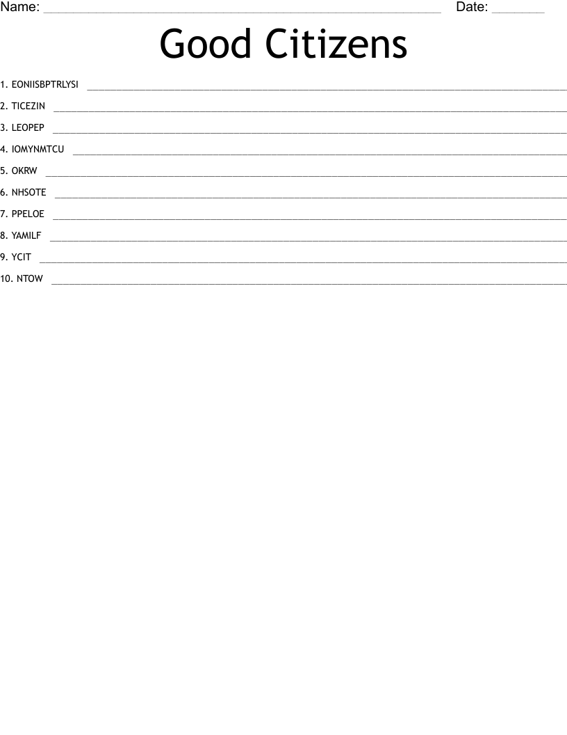 Good Citizens Word Scramble - WordMint