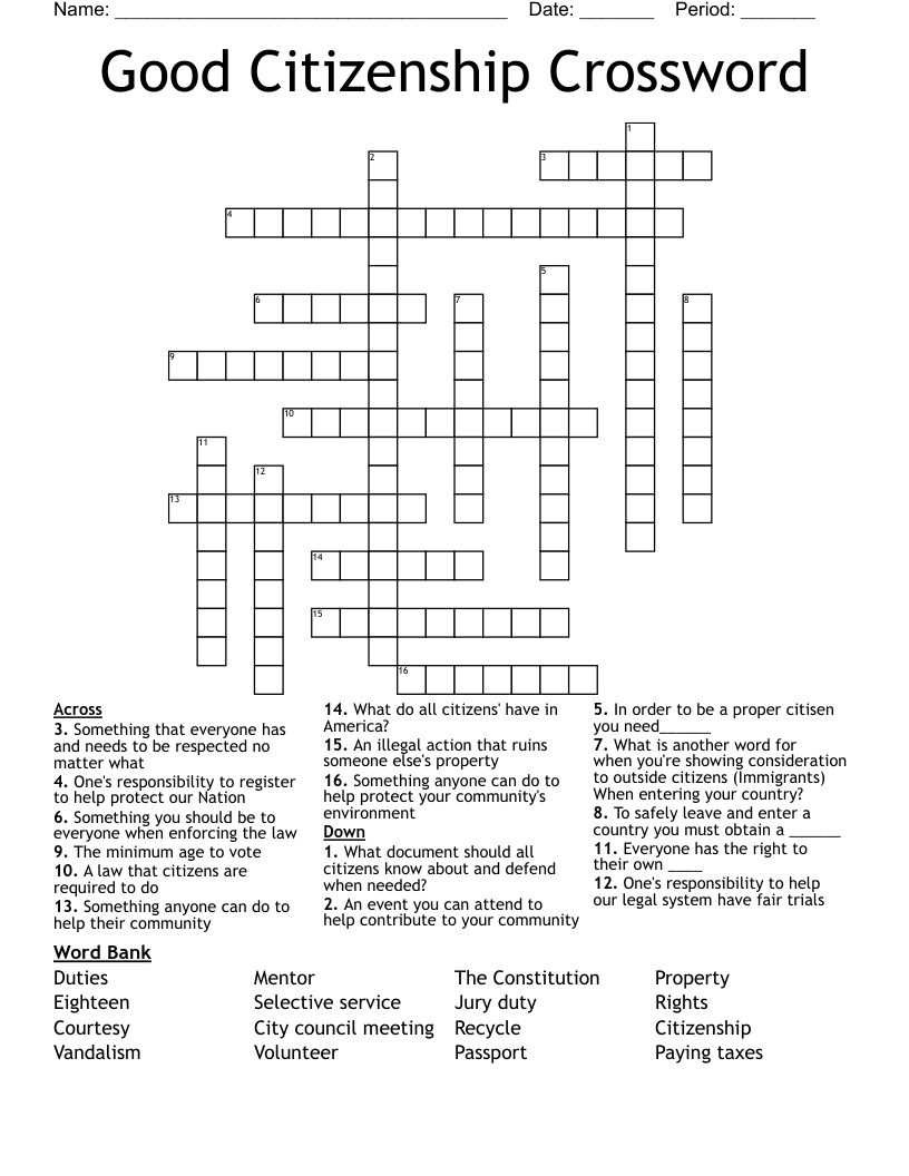 Good Citizenship Crossword - WordMint