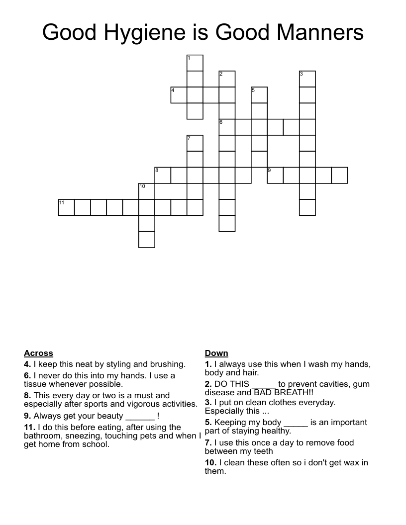 Personal Hygiene Crossword WordMint