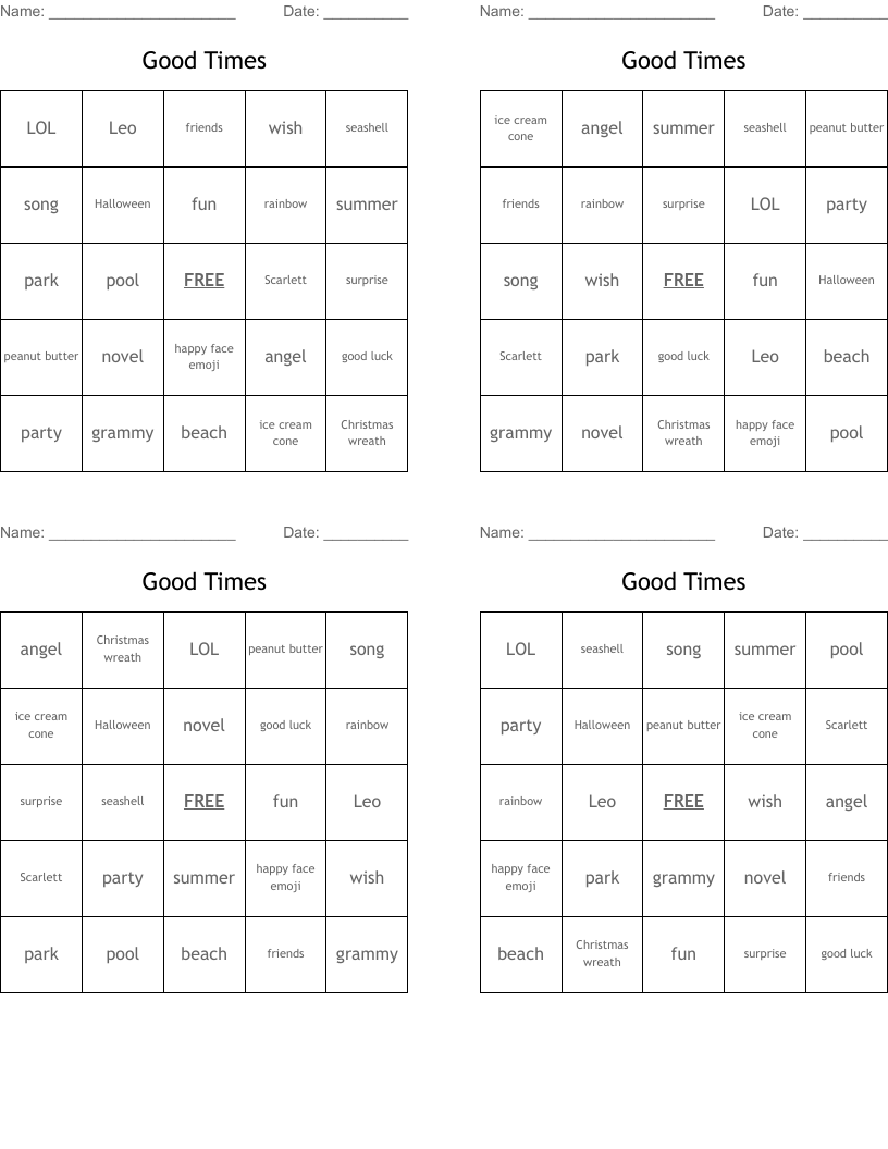Good Times Bingo Cards - WordMint