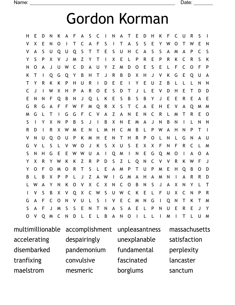 Gordon Korman Word Search - WordMint