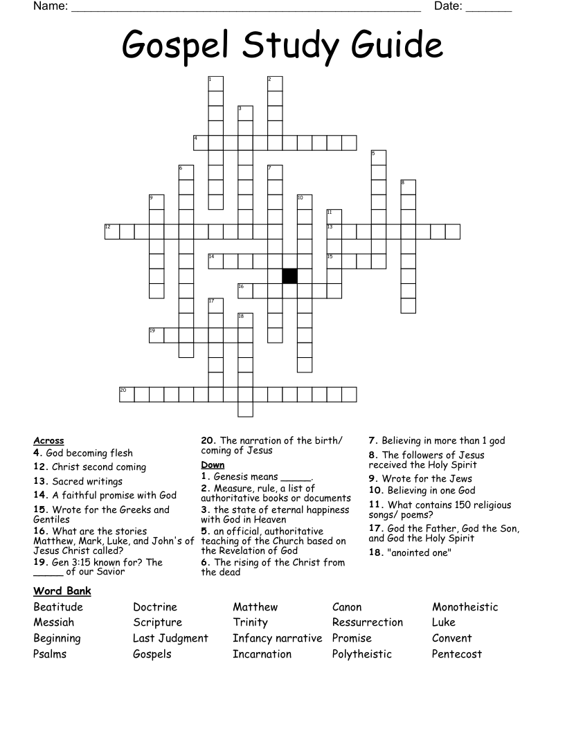 Gospel Study Guide Crossword - WordMint