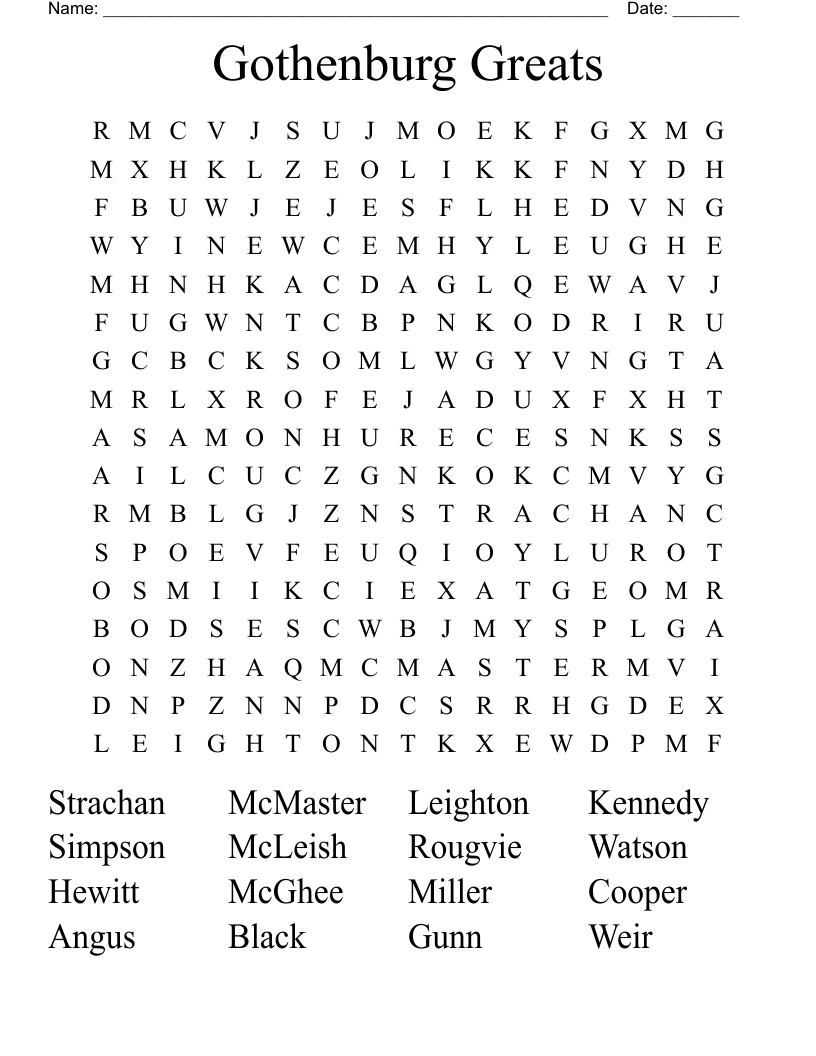 Gothenburg Greats Word Search - WordMint