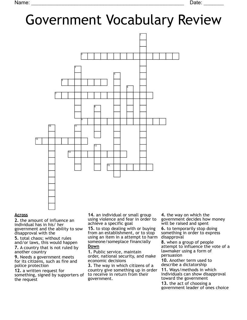 Government Vocabulary Review Crossword - WordMint