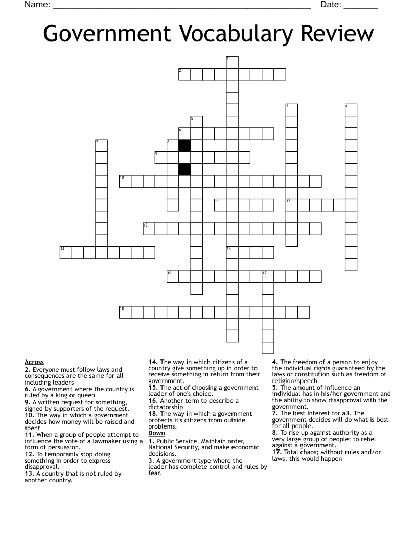 Government Vocabulary Review Crossword - WordMint