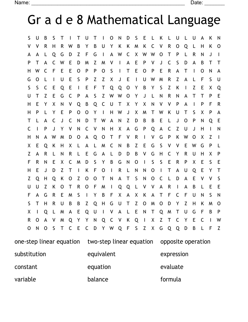 Gr a d e 8 Mathematical Language Word Search - WordMint