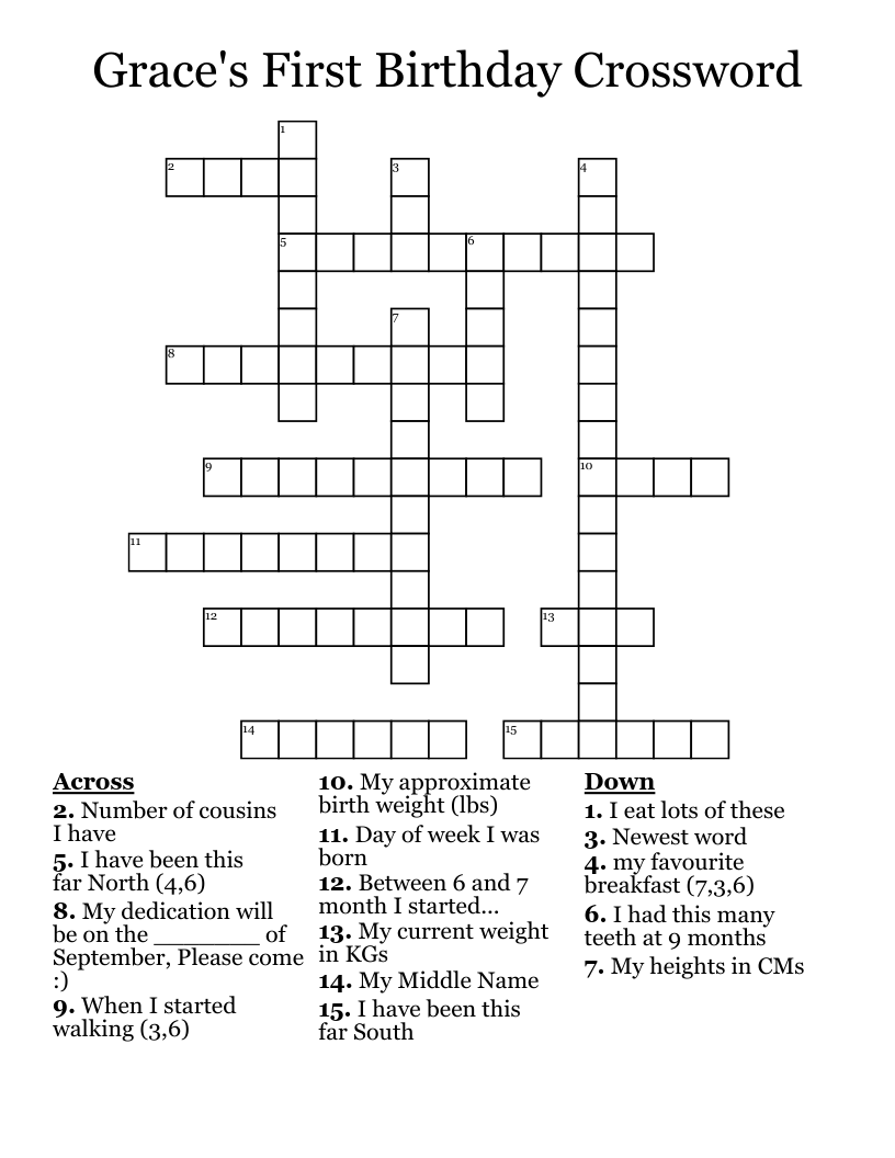 Grace's First Birthday Crossword - WordMint
