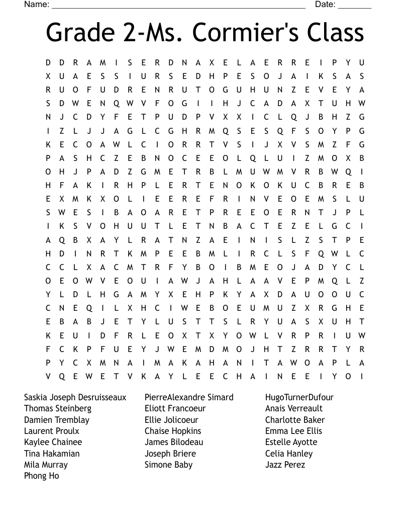 Grade 2-Ms. Cormier's Class Word Search - WordMint