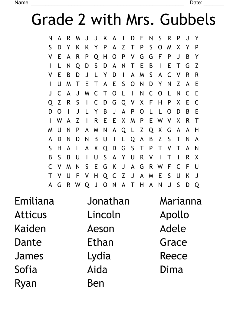 Grade 2 with Mrs. Gubbels Word Search - WordMint