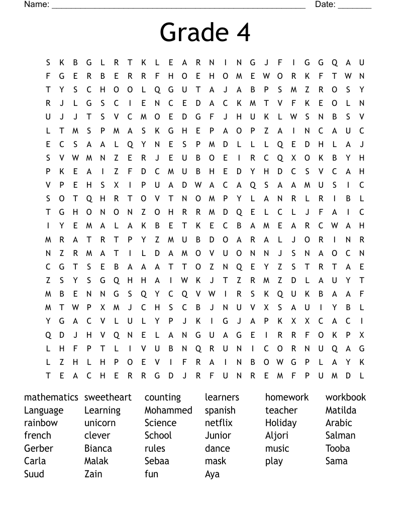 Grade 4 Word Search - WordMint