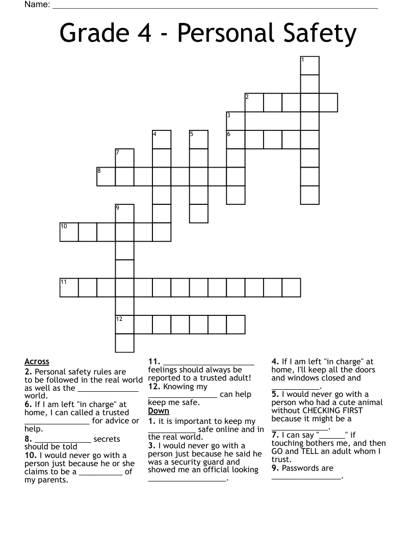 Grade 4 - Personal Safety Crossword - WordMint