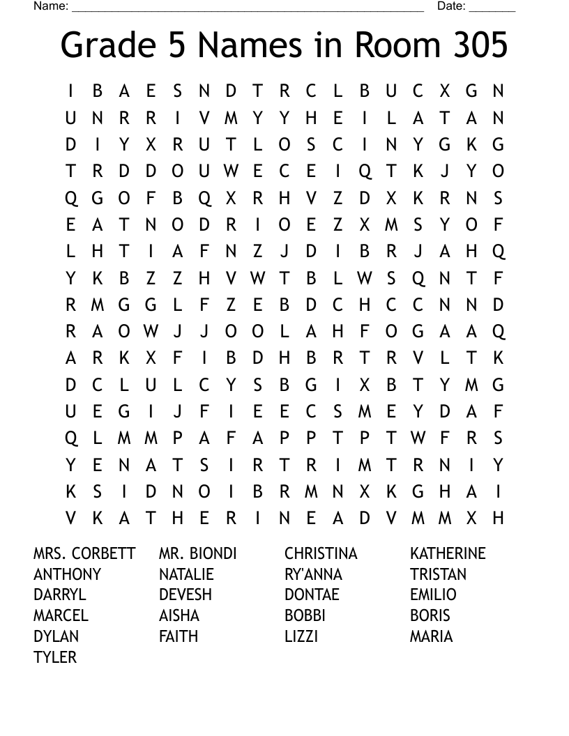 Grade 5 Names in Room 305 Word Search - WordMint