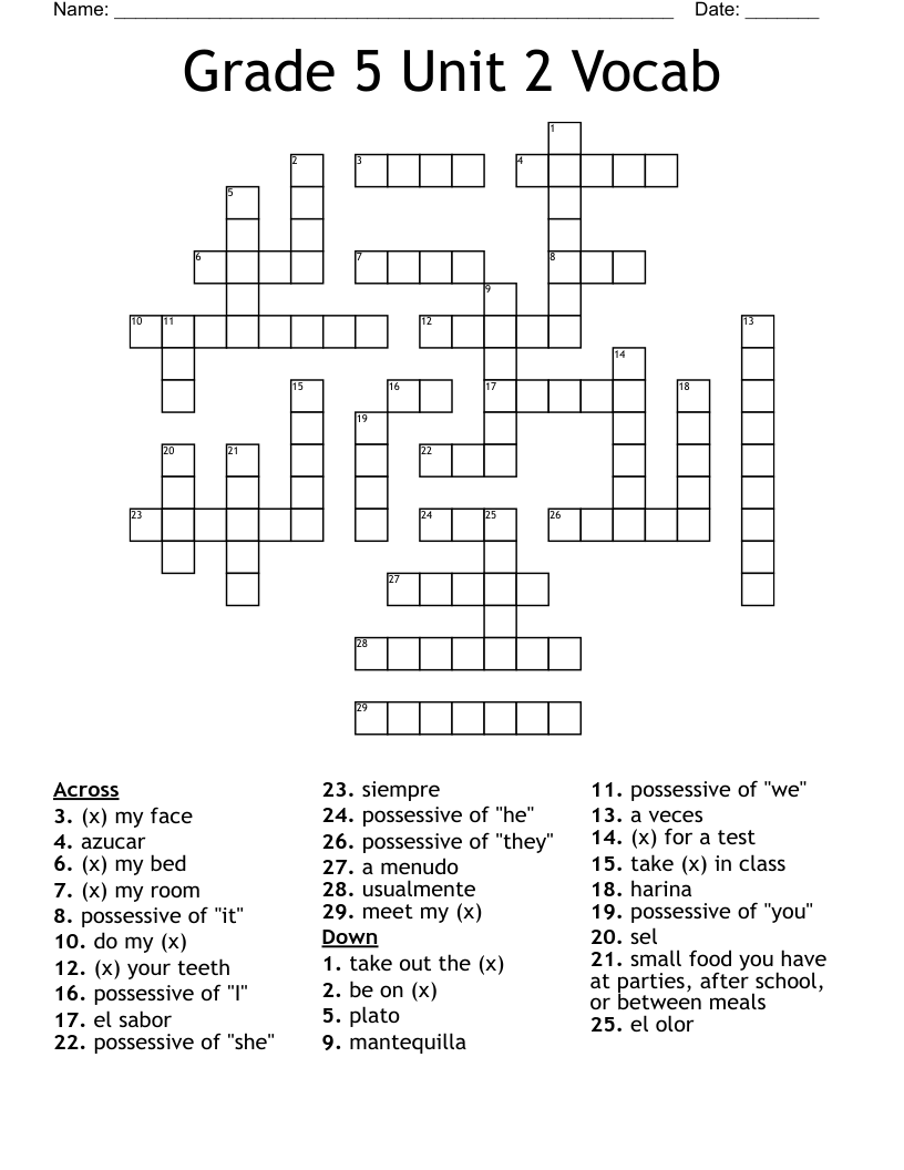Grade 5 Unit 2 Vocab Crossword - WordMint