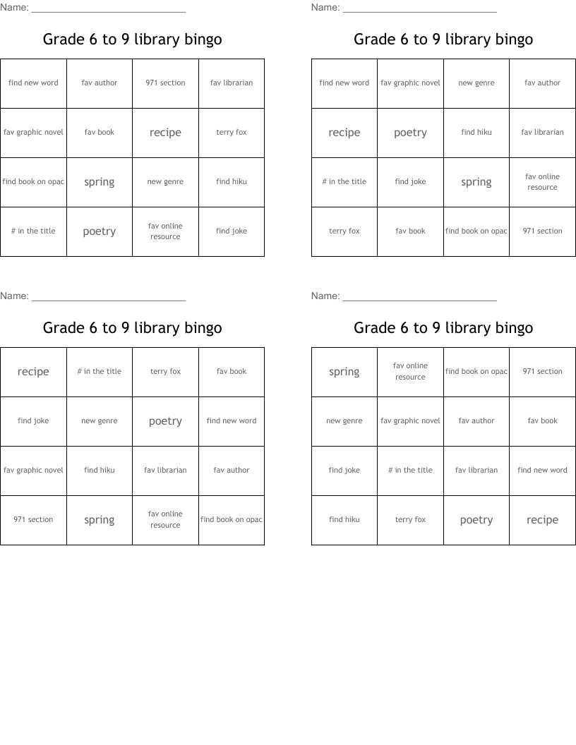 Grade 6 to 9 library bingo - WordMint