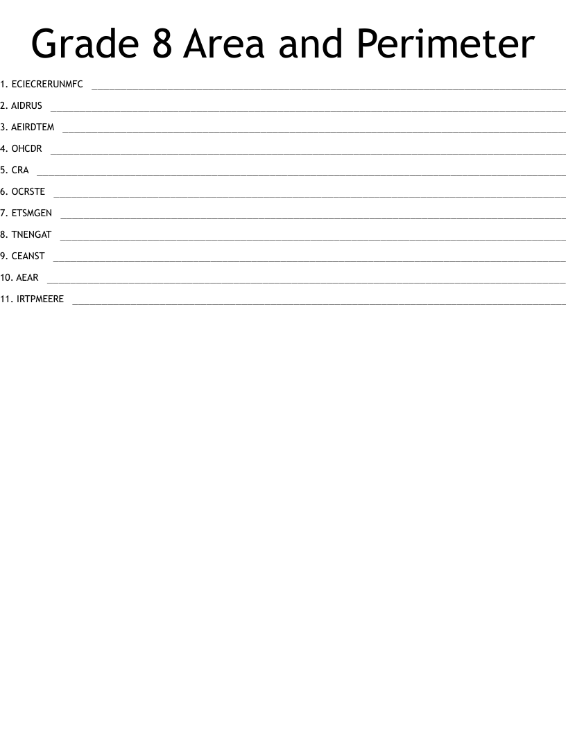 Grade 8 Area and Perimeter Word Scramble - WordMint