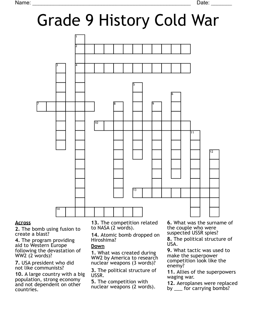 Grade 9 History Cold War Crossword - WordMint