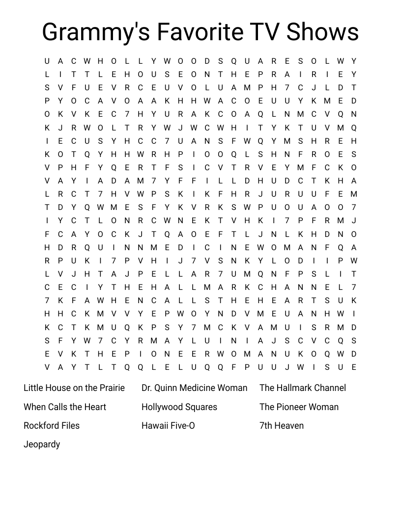 Grammy's Favorite TV Shows Word Search - WordMint