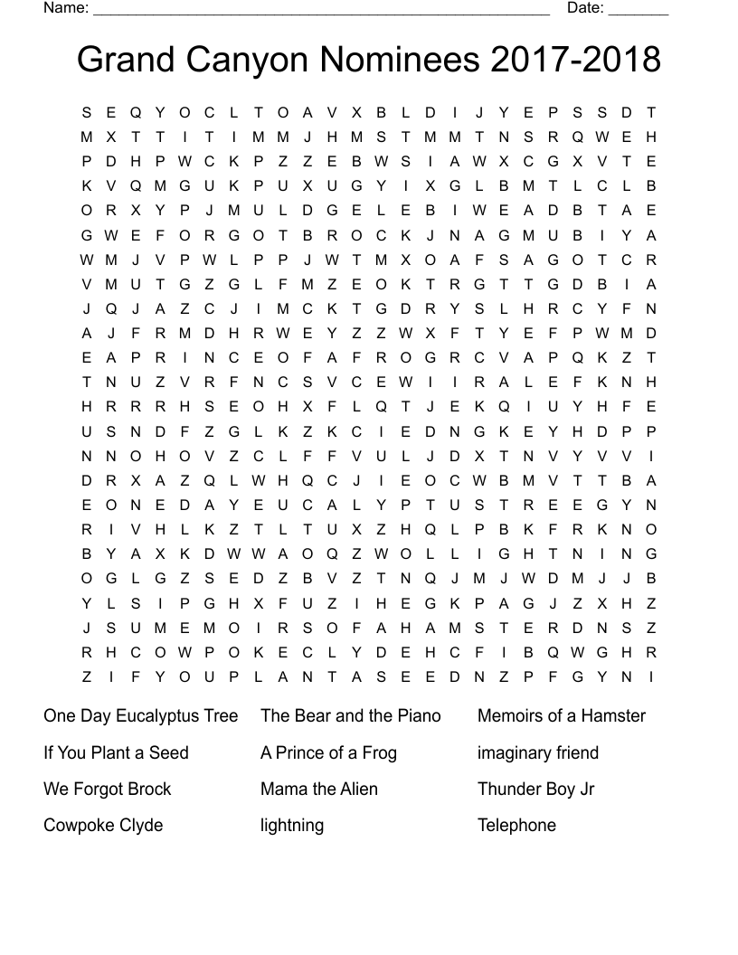 Grand Canyon Nominees 2017-2018 Word Search - WordMint