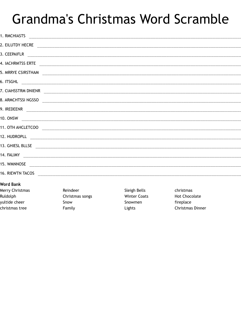 Grandma's Christmas Word Scramble - WordMint