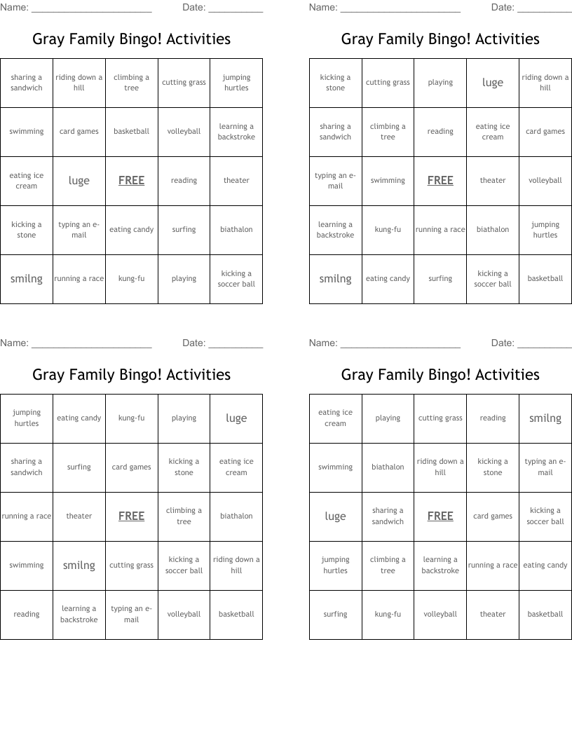 Gray Family Bingo! Activities - WordMint