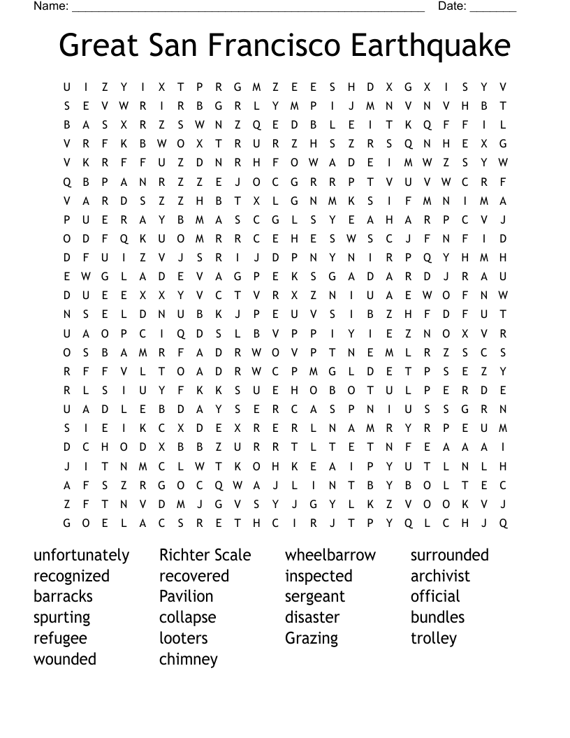 Great San Francisco Earthquake Word Search - WordMint