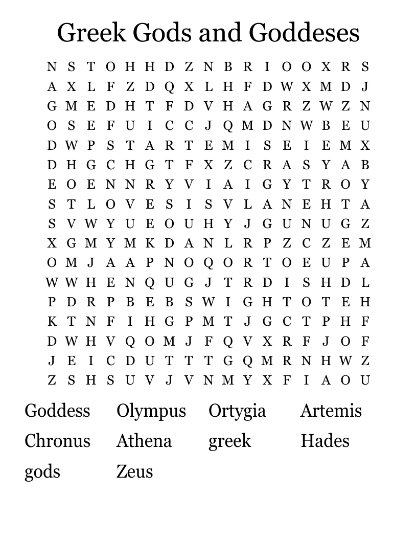 Greek Gods and Goddeses Word Search - WordMint