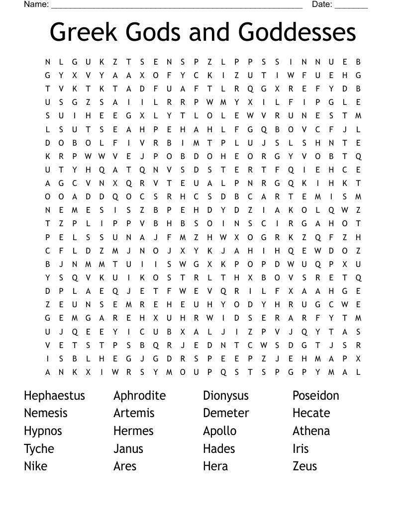 Ancient Greek Gods Word Search WordMint