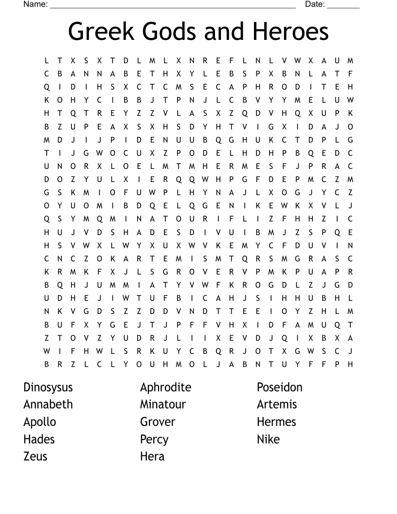 Greek Gods and Heroes Word Search - WordMint