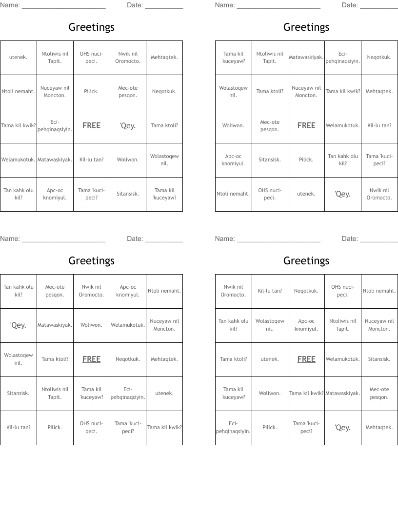 Greetings Bingo Cards - WordMint