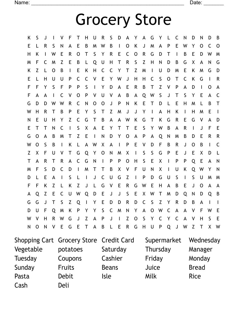 Grocery Store Word Search WordMint