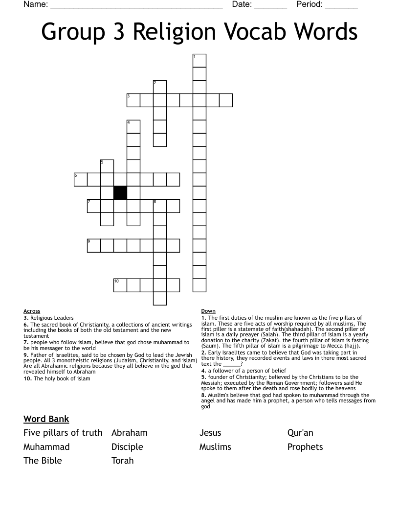 Group 3 Religion Vocab Words Crossword - WordMint