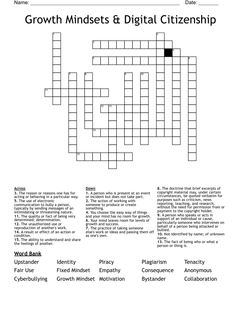 Growth Mindsets & Digital Citizenship Crossword - WordMint