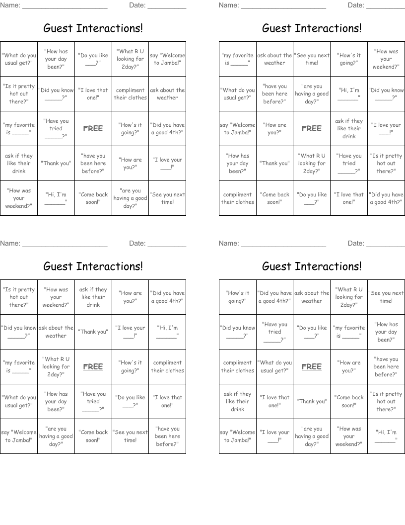 Guest Interactions! Bingo Cards - WordMint