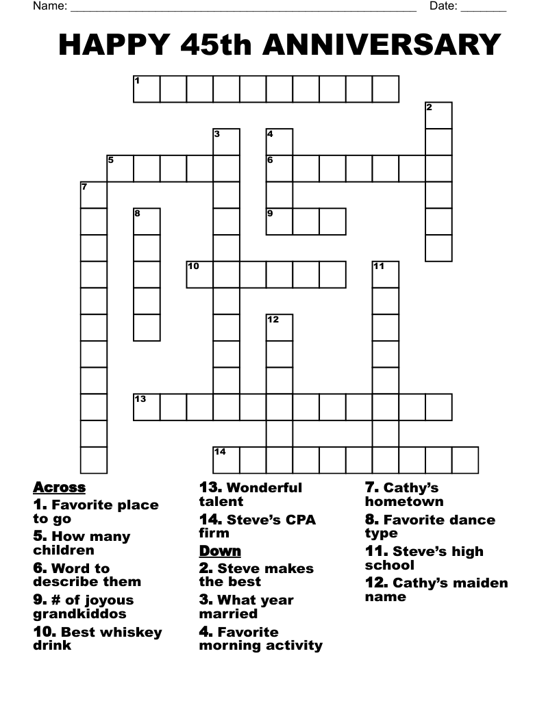 HAPPY 45th ANNIVERSARY Crossword - WordMint