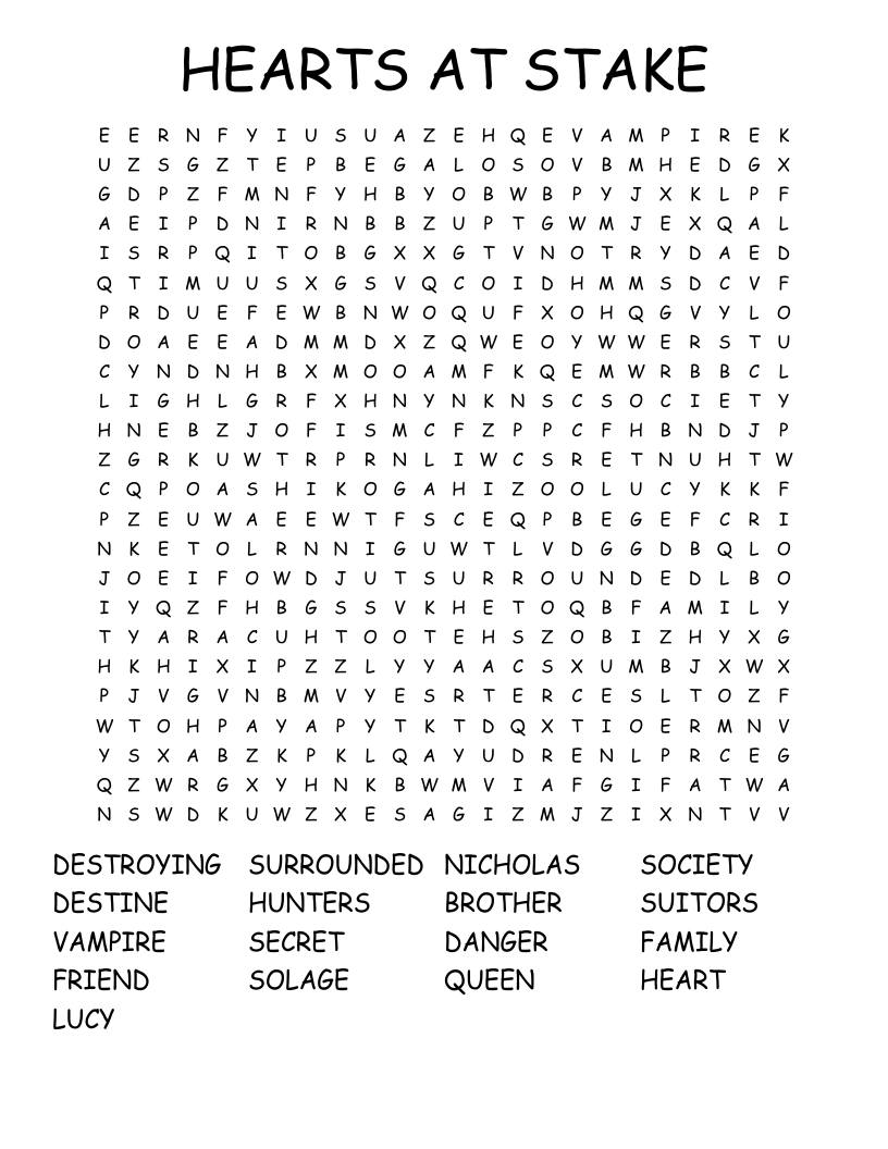 HEARTS AT STAKE Word Search - WordMint