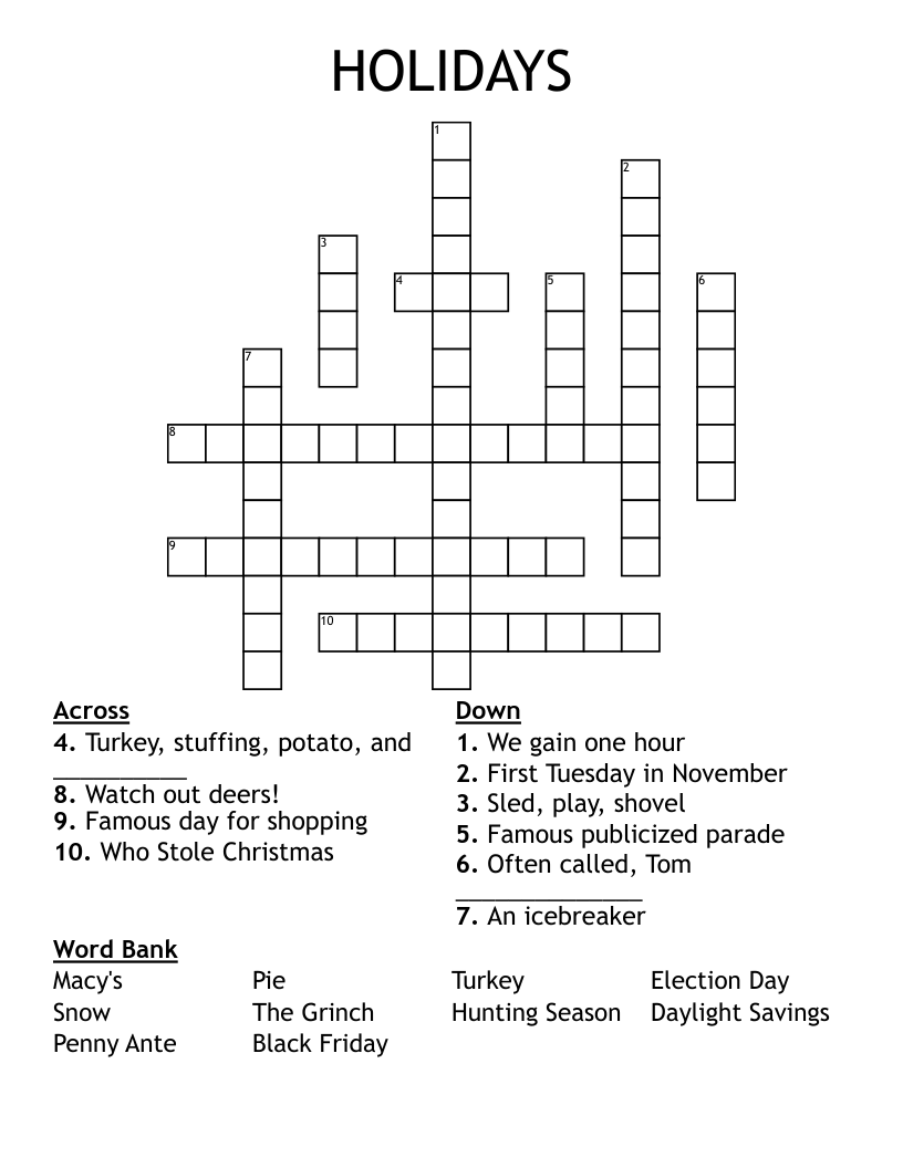 HOLIDAYS Crossword - WordMint