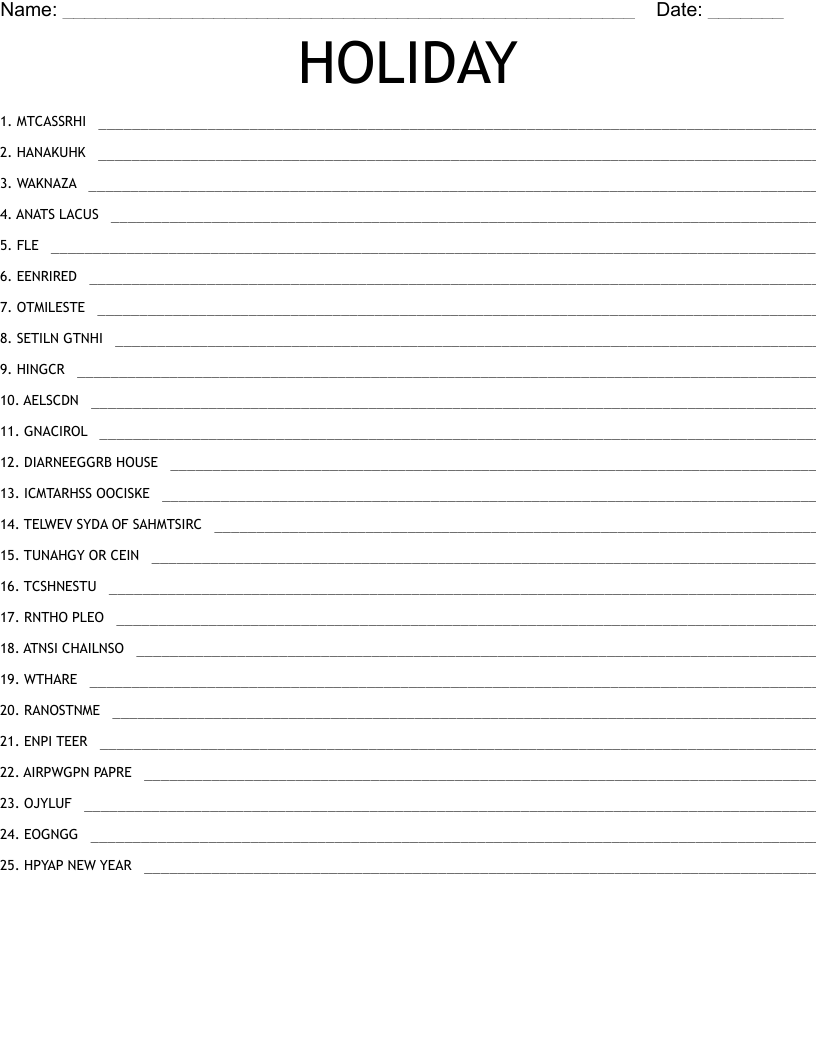 HOLIDAY Word Scramble - WordMint
